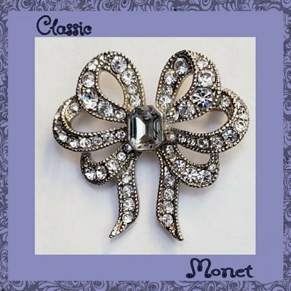 Monet | Jewelry | Silver Tone And Rhinestone Bow Brooch By Monet | Poshmark
